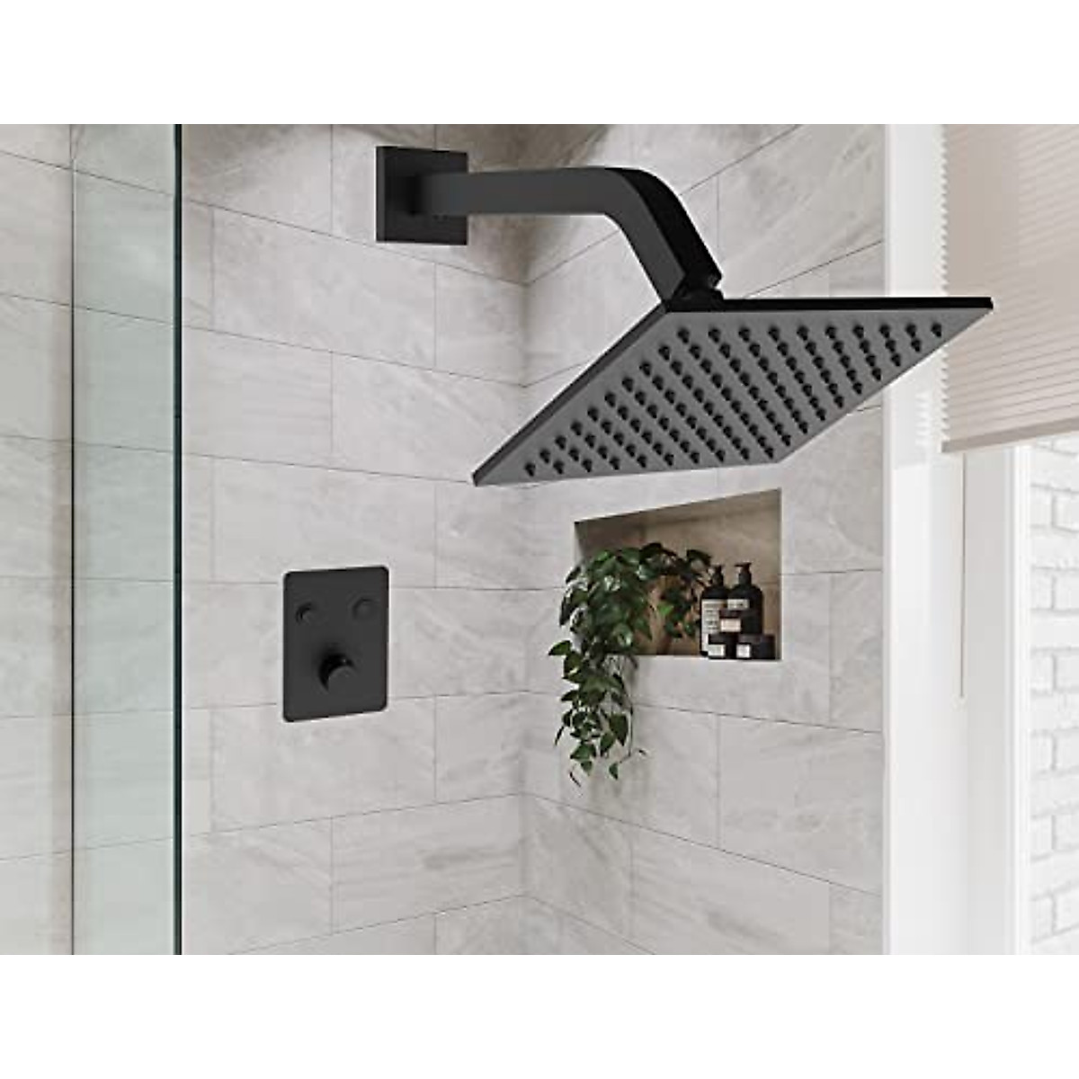 Aquaiaw Square Shower Arm and Anti-Scratch O-Ring Flange, Material 1 inch Solid Brass Pipe, Both Soldered 1/2-14 NPT Tapered Threads, Wall Mount Shower Head Extension Arm (12 inch, Matte Black)