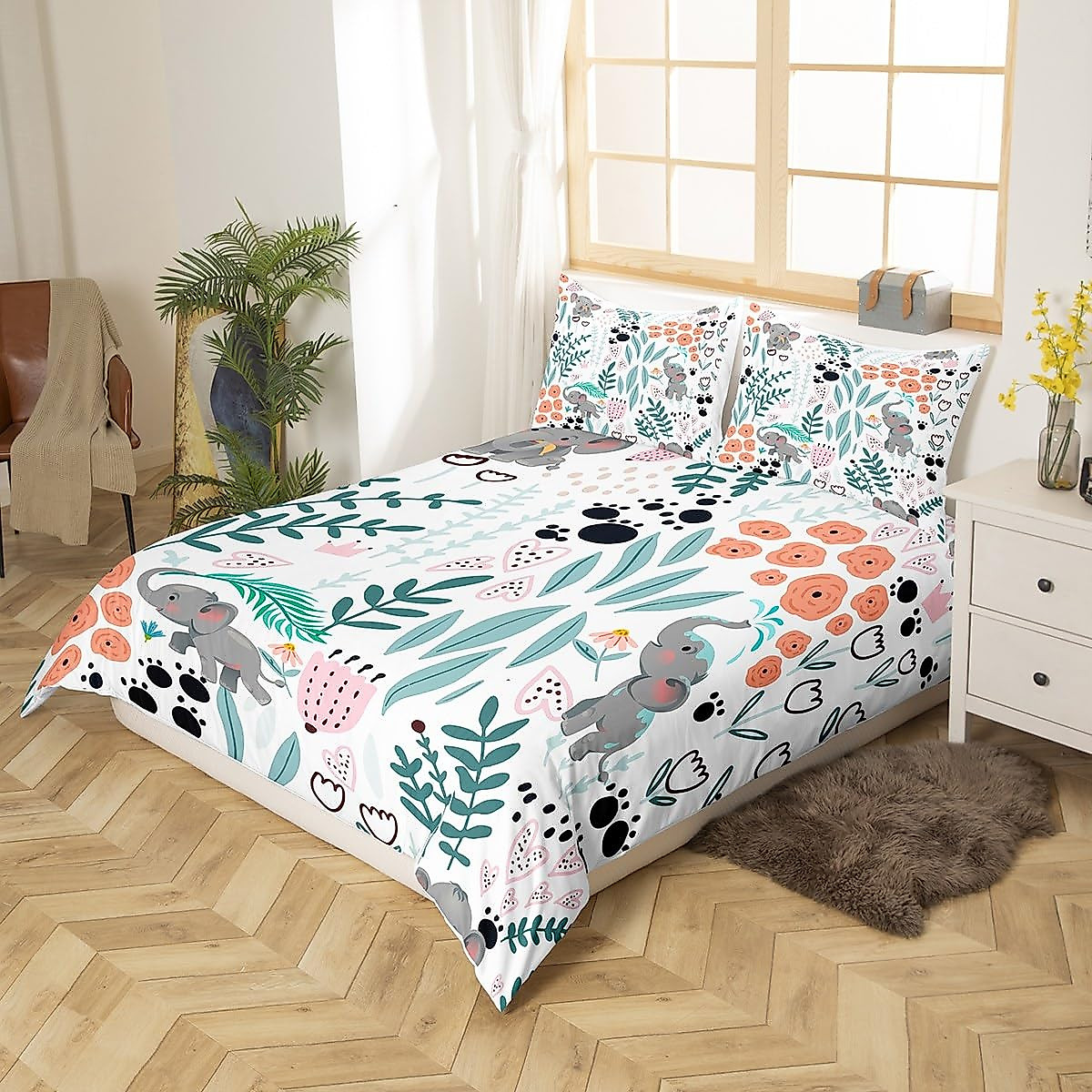 Erosebridal Kawaii Elephant Bedding Set,Cartoon Elephant Duvet Cover Twin,Cute Love Heart Leaf Flower Comforter Cover for Kids Girls Boys,Paw Print Animals Bed Set with 1 Pillow Case