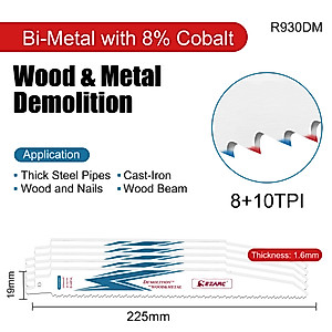 EZARC Reciprocating Saw Blade Bi-Metal Cobalt Sabre Saw Blades for Wood and Metal Demolition 9-inch 8+10TPI R930DM (5-Pack)