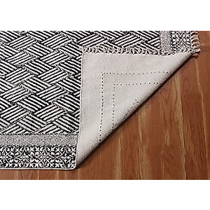 Casavani Handmade Area Rugs Hand Block Printed Cotton Dhurrie Gray, Black Boho Kilim Flat Weave Rug Indoor Bedroom Decor Rugs for Laundry Kitchen Bathroom 4x20 Feet Runner (120x600 cm)