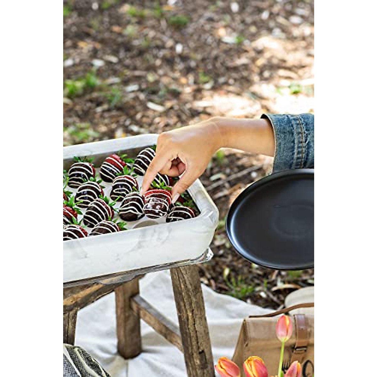 Fancy Panz Premium Dress Up & Protect Your Foil Pan, Made in USA. Hot/Cold Gel Pack, One Half Sized Foil Pan & Serving Spoon Included. Stackable for easy travel. (Marble)