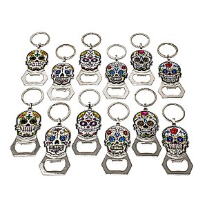 Arimex Day of the Dead Sugar Skull Keychain Bottle opener 12 Pcs. Mexican party favor Dia de los muertos sugar skulls key chains beer bottle opener. (Sugar Skull 3) (SK1)