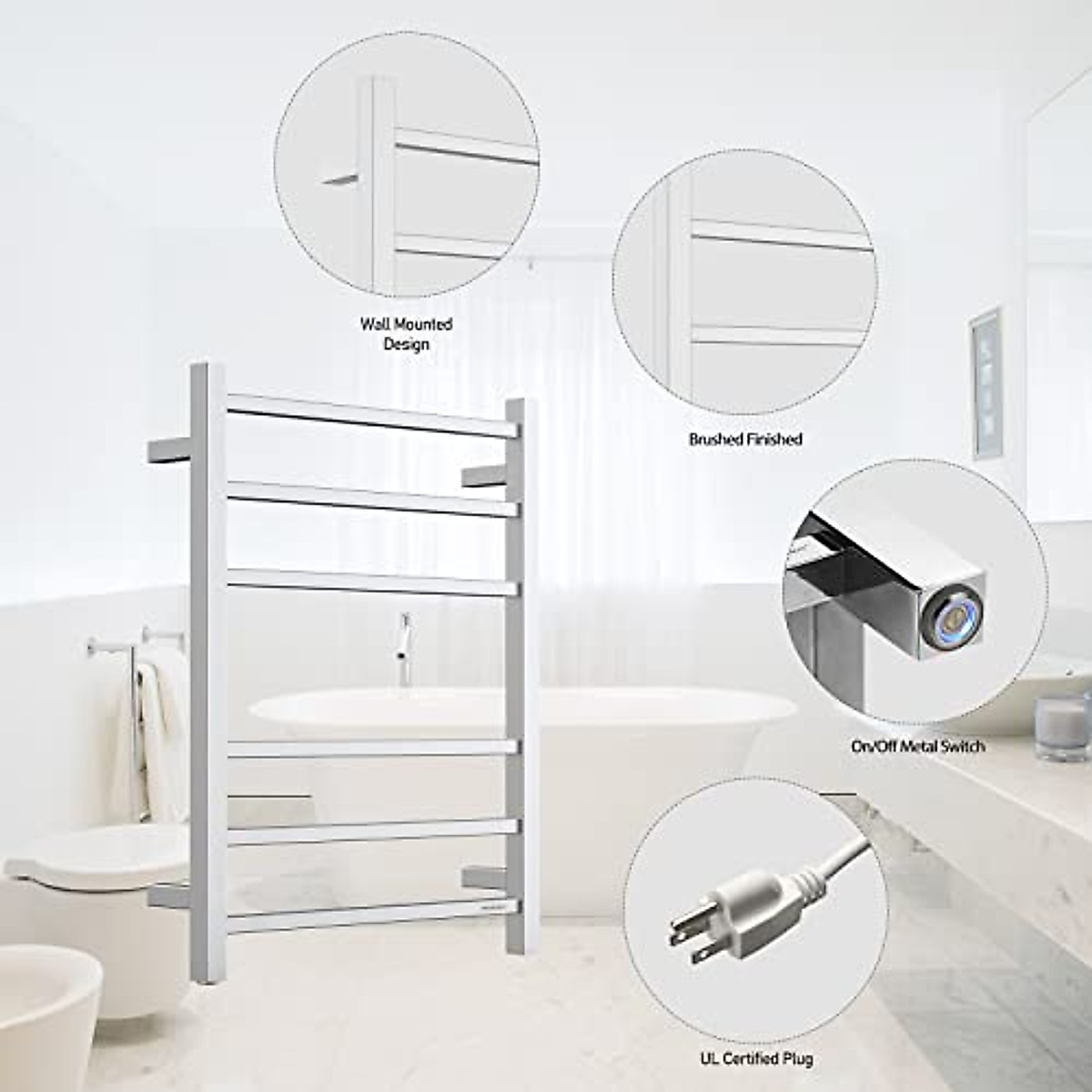 SHARNDY Towel Warmer Brushed Nickel for Bathroom Wall Mounted Bath Towel Heater Plug-in Electric Heated Towel Rack Stainless Steel Square 6 Bars Drying Rack ETW13C 68W 26.77x20.47x4.13 inches