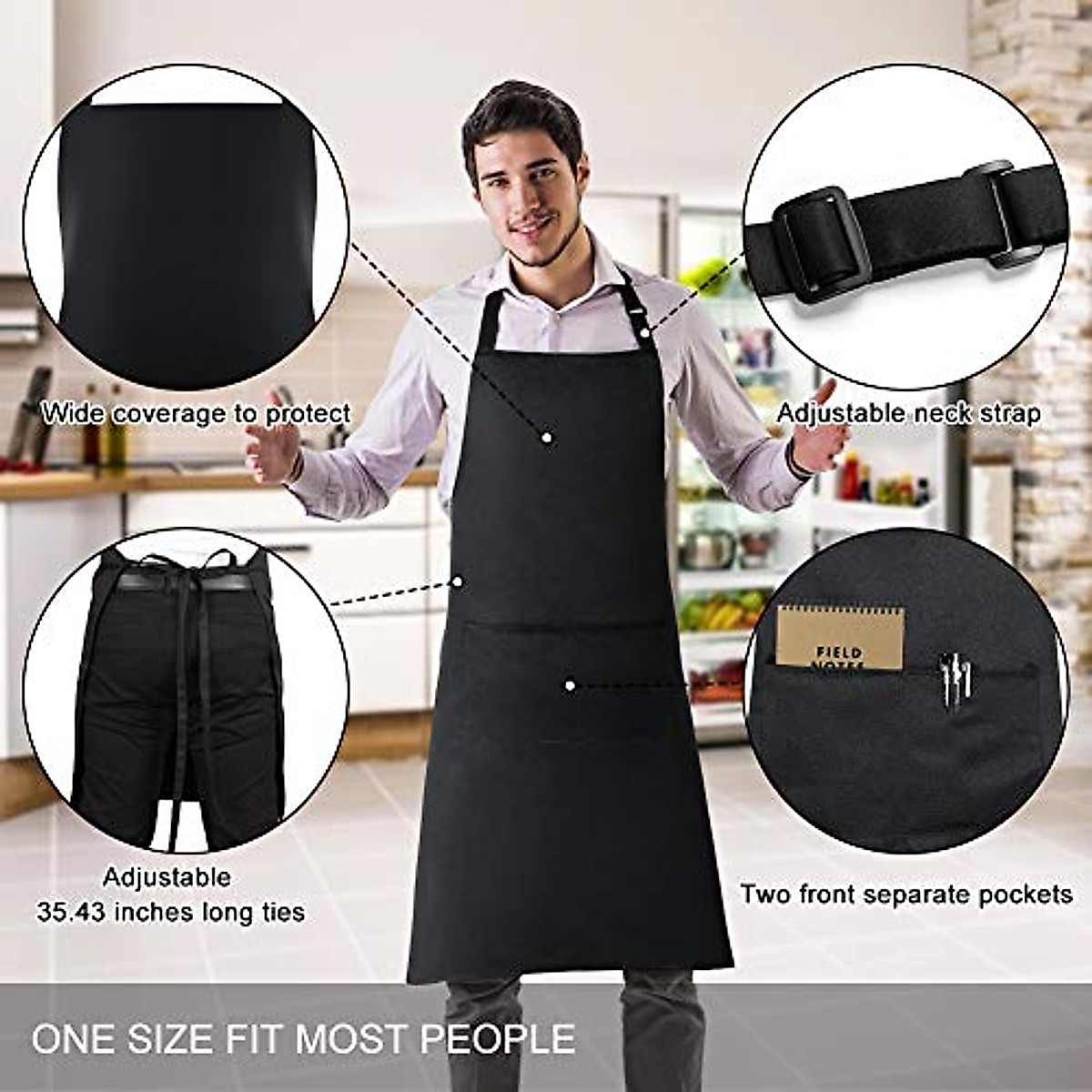 Jubatus 2 Pack Bib Aprons with 2 Pockets Cooking Chef Kitchen Apron for Women Men, Black