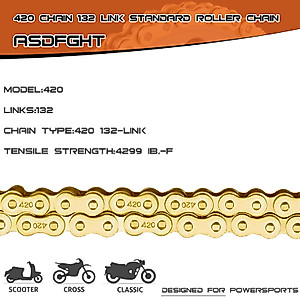 ASDFGHT 420 Chain 420 Standard Roller Chain 132 Link, Gold 420 Drive Chain for 110 125cc Dirt Pit Bike, ATV Quad Go Kart Scooter Mini Bike (With Chain Breaker +0.4" Chain Axle Adjuster)