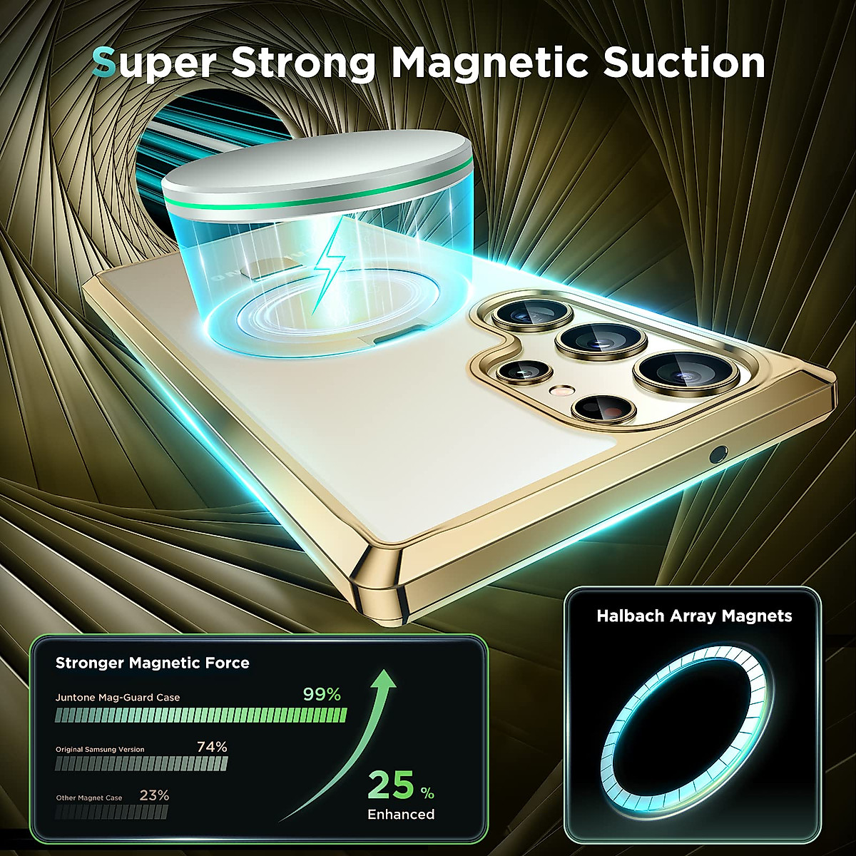 Juntone for Samsung Galaxy S23 Ultra Case with Magnetic Stand,[Compatible with Magsafe][Non-Yellowing], Slim Protective Matte Back and Green Edge Phone Case for Galaxy S23 Ultra Case 6.8 Inch-Gold