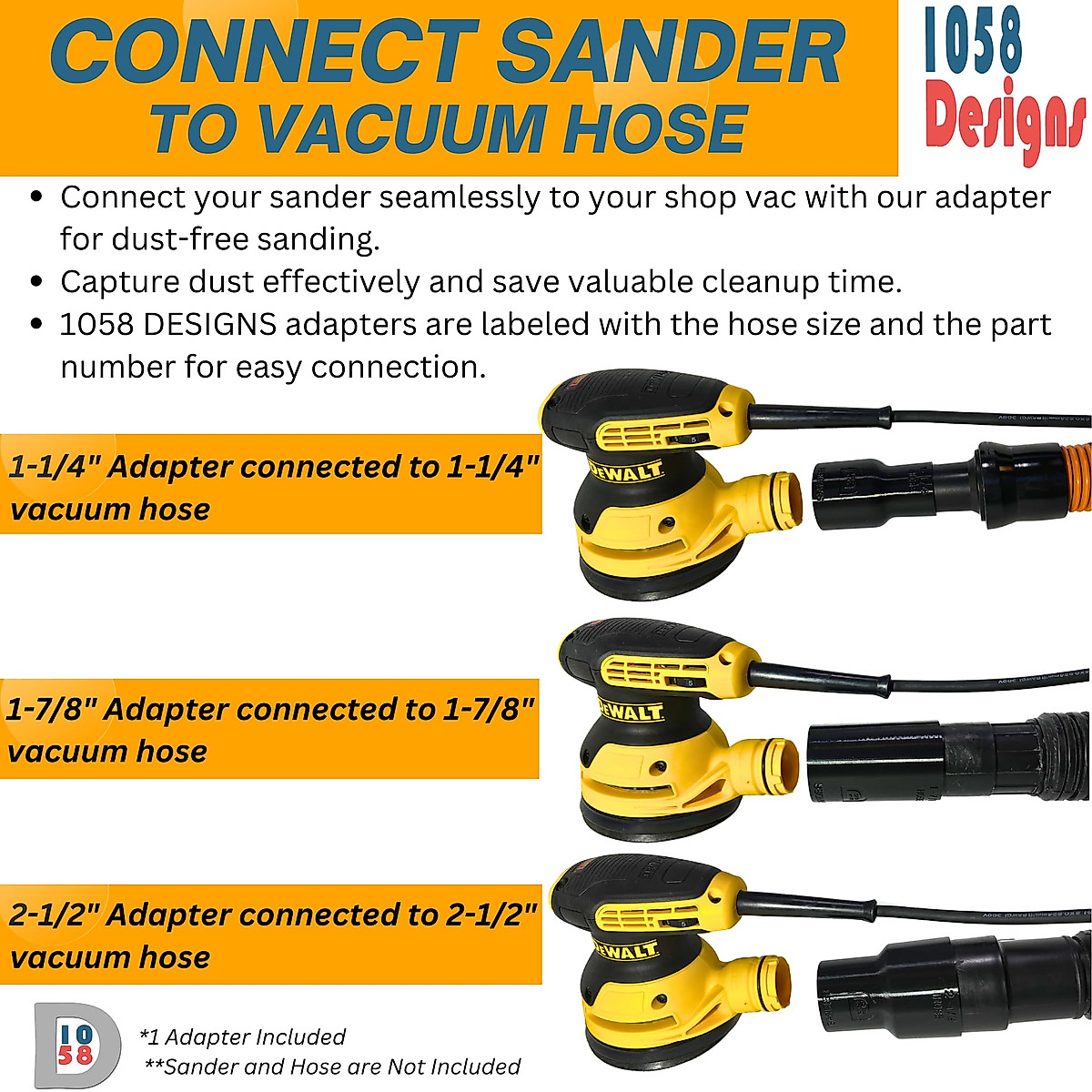 1058 Designs - Sander Vacuum Adapter for DeWalt or Craftsman Sanders - Shop Vac Attachment for Dust Collection (2-1/2")
