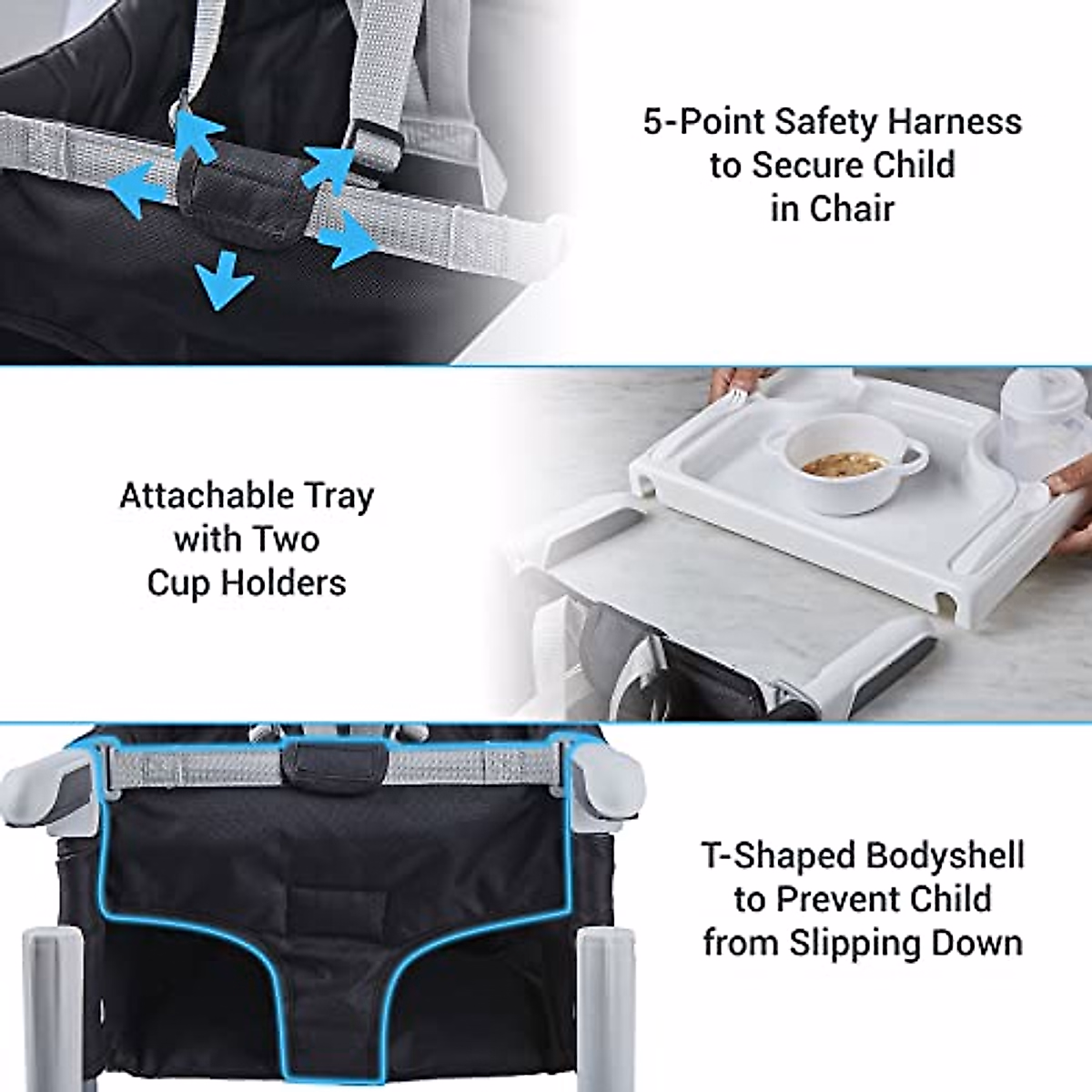 Little One Portable High Chair for Travel for Babies and Toddlers with 5-Point Harness and Tray – Baby Seat for Dining Table, Counter Height, Restaurant, Camping – Foldable and Compact (Black)