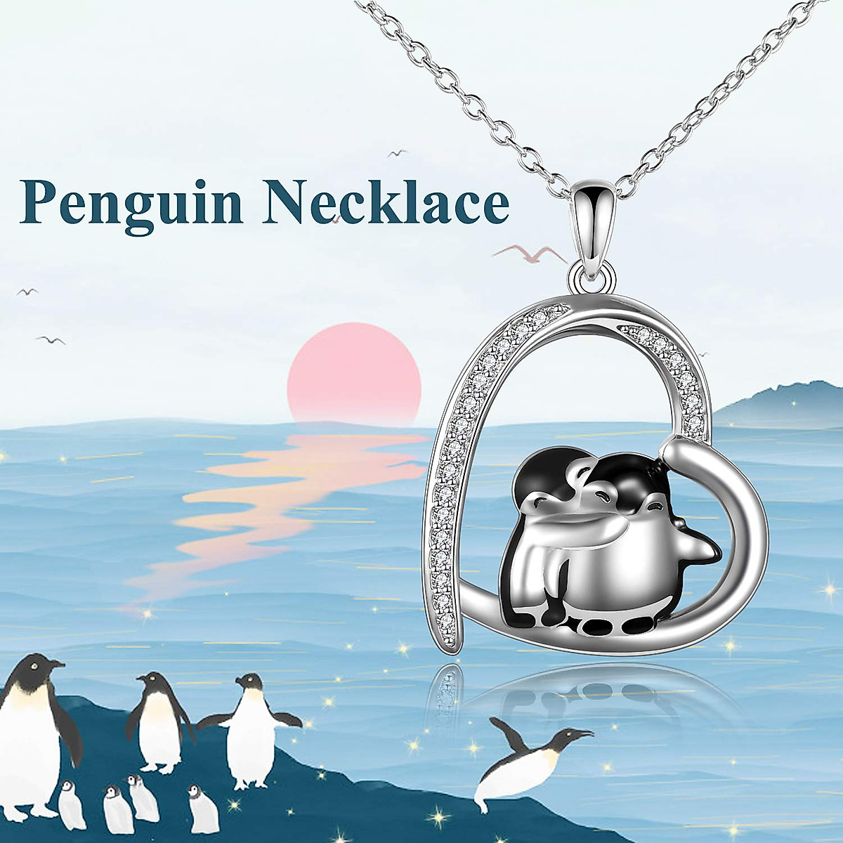 Penguin Necklace Penguin Gifts 925 Sterling Silver Hugging Penguins Cute Animal Christmas Jewelry for Women Sister Mom Mother