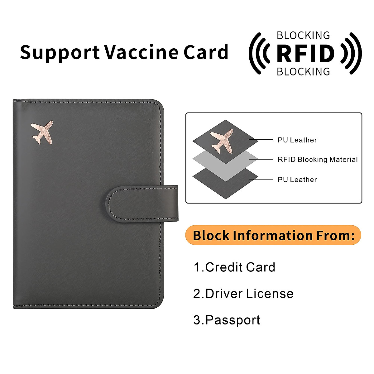 Deziliao Passport and Vaccine Card Holder Combo, PU Leather Passport Holder with Vaccine Card Slot, Passport Wallet for Men and Women (Gray-fly)