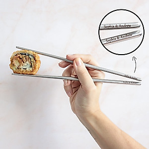 Set of custom reusable metal chopsticks engraved japanese stainless steel dinnerware utensils lot for new home, gifts, party favors, wedding goodie bags, engagements