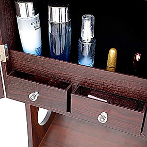 Knocbel LED Jewelry Cabinet Full Body Mirror Lockable Jewelry Armoire Standing Angel Adjustable Storage Organizer Box with Inner Mirror & 2 Drawers, 15.75" L x 14.96" W x 61.42" H (Brown)