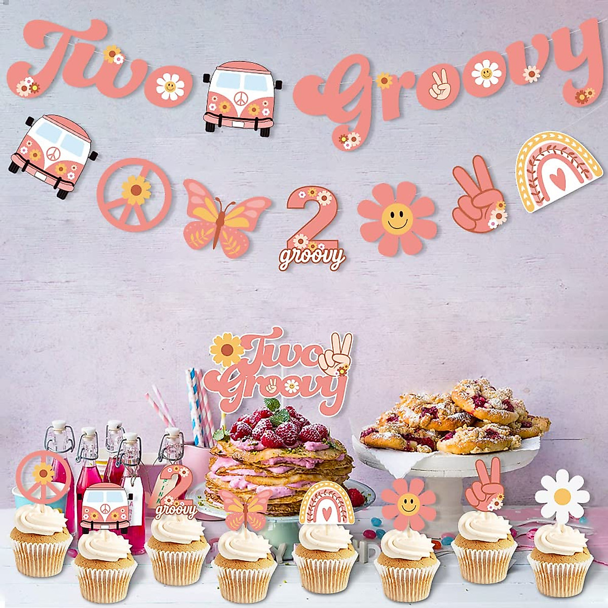 11Pcs Groovy Party Decorations, 2Pcs Two Groovy Banner 1PC Cake Toppers 8Pcs Hippie Party Cupcake Toppers Smile Daisy Flower Victory Peace Love Toppers for Baby Shower 2nd Birthday 70s Theme Boho