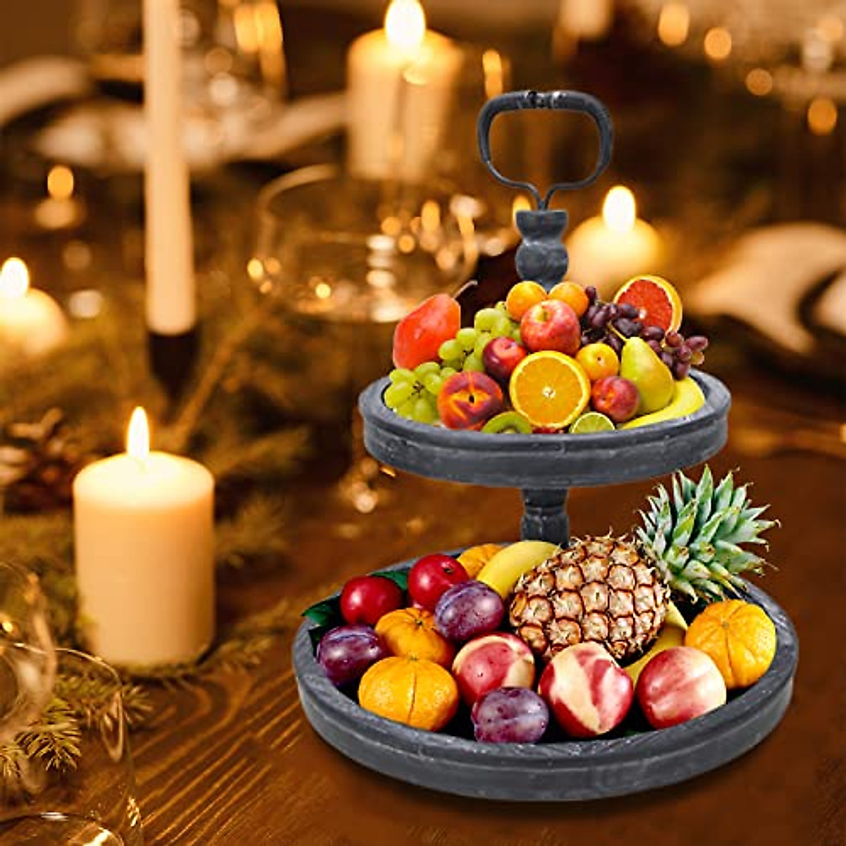 Vipush Farmhouse Two Tiered Tray,Distressed Wood Two Tier Tray,Decorative Rustic Wooden 2 Tier Serving Tray Cake Stand for Kitchen and Seasonal Decor,Black