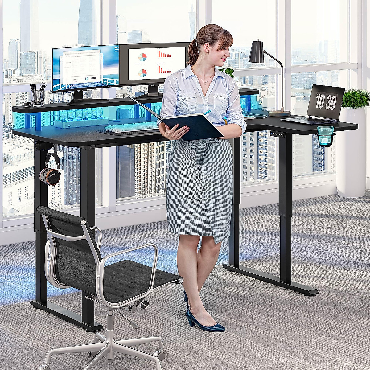 YITAHOME L Shaped Standing Desk Adjustable Height with Power Outlets & LED Lights, 63 x 43 Electric Standing Desk with Monitor Stand, Dual Motor 4 Legs Sit Stand Up Desk, Black