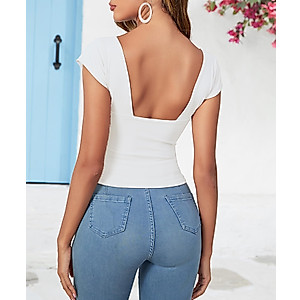 TiulZial Women's Sexy Backless Crop Tank Tops Deep V Neck Short Sleeve T-Shirts Slim Fit Y2K Tops Open Back Cami Tops White,S