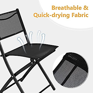 MIDDOW 3pcs Metal Bistro Chair Set, Round Coffee Table w/Folding Chairs Set, Outdoor/Indoor Patio Furniture Set w/Rust-Proof Steel Frame & Glass Tabletop, Ideal for Garden/Backyard/Balcony, Black