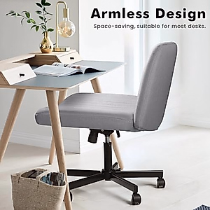 LEMBERI Criss Cross Chair with Wheels, Armless Wide Cross Legged Office Chair, Mid Back Swivel Computer Task Vanity Chairs for Home, Make Up,Small Space, Bed Room,Grey