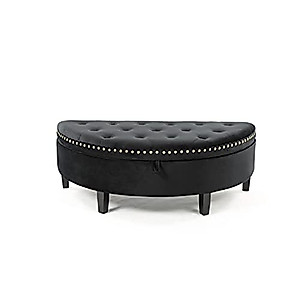 Iconic Home Jacqueline Half Moon Storage Ottoman Button Tufted Velvet Upholstered Gold Nailhead Trim Espresso Finished Wood Legs Bench Modern Transitional Black