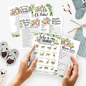 25 Woodland Animal Matching, 25 Nursery Rhyme Game, 25 Word Scramble For Baby Shower, 25 True Or False Game, 25 Who Knows Mommy Best, 25 Baby Prediction And Advice Cards - 6 Double Sided Cards
