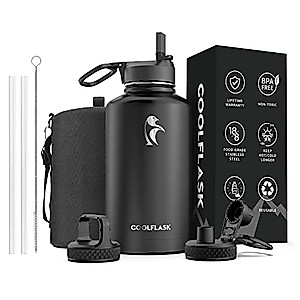 64 oz Water Bottle Insulated with Straw & 3 Lids, Coolflask Large Metal Stainless Steel Water Jug Big Half Gallon Wide Mouth for Sports, Gym or Office, BPA-Free Keep Cold 48H Hot 24H, Magic Black