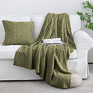 Milvowoc Olive Green Throw Blanket and Pillow Covers Set, 50" x 60" Cable Knit Throw Blanket + 2 Pieces 18" x 18" Knitted Throw Pillowscase, Decorative Throw Blankets Knitted Blanket for Sofa Couch