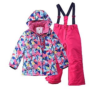 M2C Girls Thicken Warm Hooded Color Block Ski Snowsuit Jacket & Pants Pink 7/8