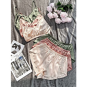 Verdusa Women's 6 Piece Satin Pajama Set Sleepwear Crop Cami Top & Shorts Loungwear Green Pink Beige M