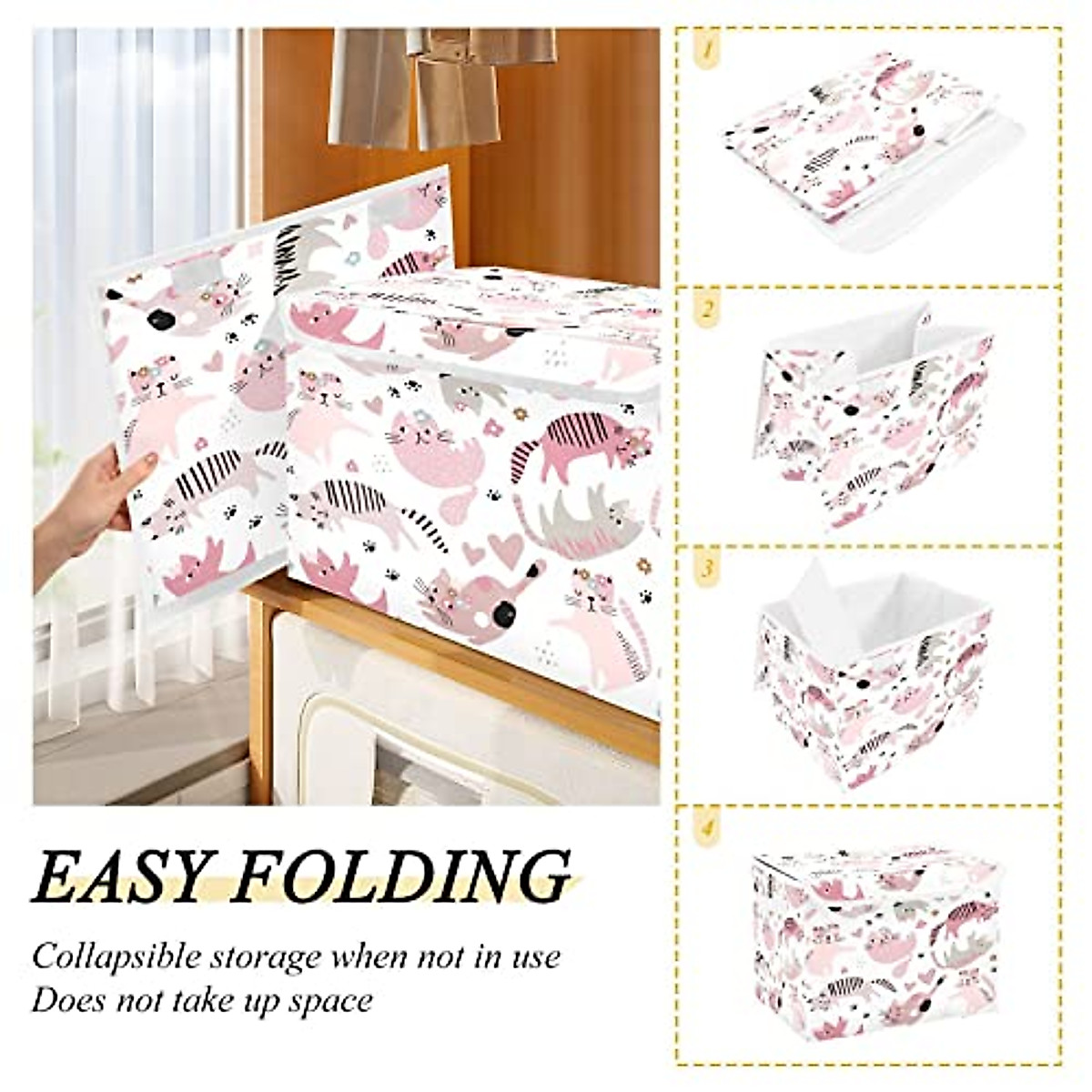 Kigai Pink Cats Storage Basket with Lid Collapsible Storage Bin Fabric Box Closet Organizer for Home Bedroom Office 1 Pack