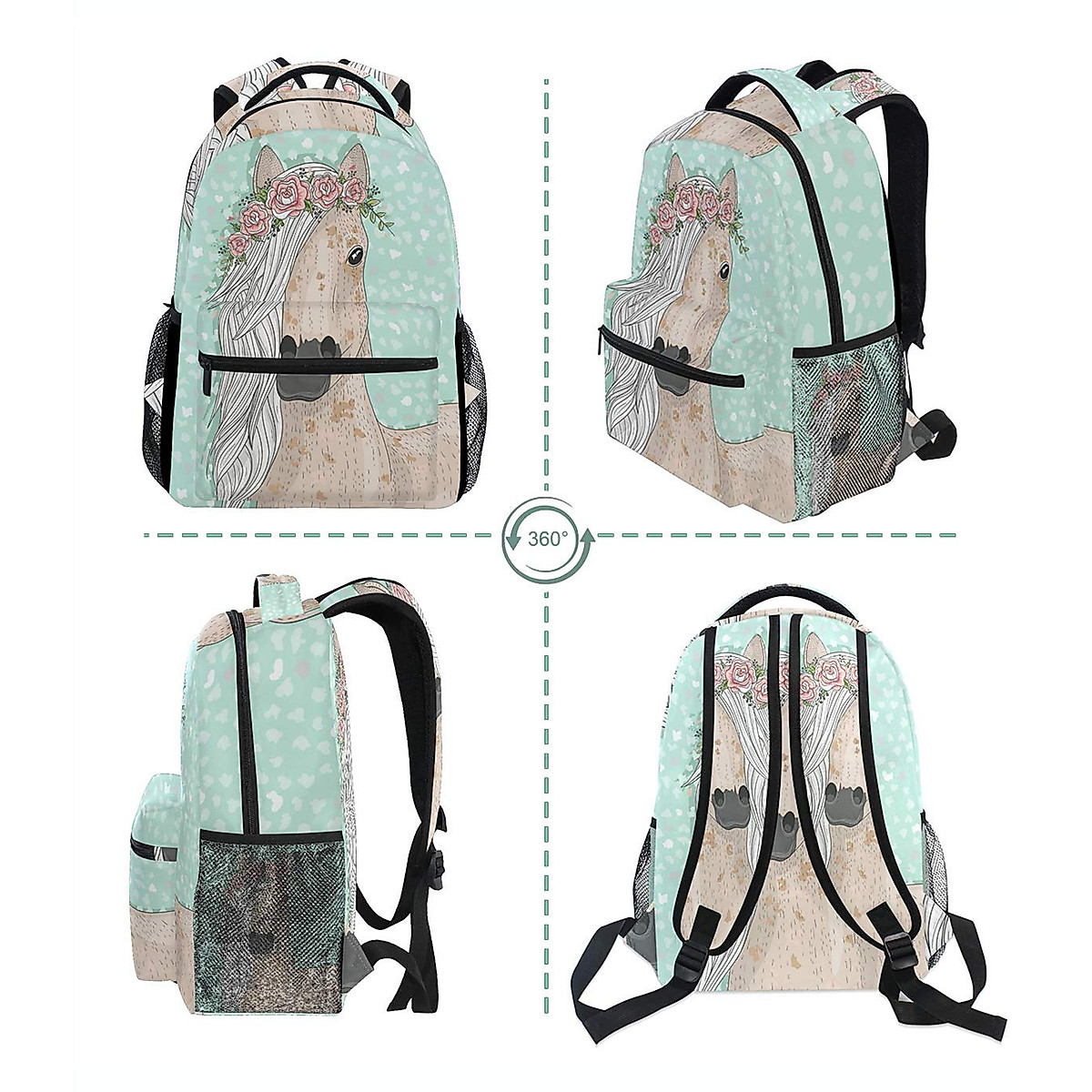 Flower Horse School Backpacks Blue Pony Student Backpack Big For Girls Boys Elementary School Shoulder Bag Bookbag Fairy Tale