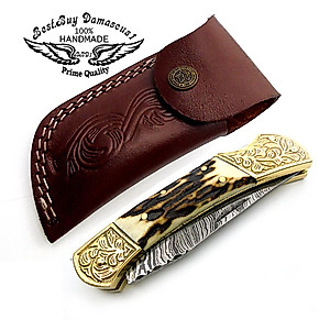 Best.Buy.Damascus1 Damascus pocket knife, Folding knife, Pocket Knife For Men, Knife Set with knife sharpeners Premium Quality gifts for men (antlers Scrimshaw)