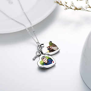 Personalized Sterling Silver Heart Locket Necklace That Holds Pictures Lock And Key Pendant for Women Mom (Lock & Key Necklace + Photos)