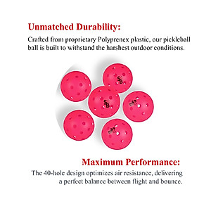 SB Pickleball Balls 6 Pack | Supra-40 Holes Outdoor Pickleballs | Built to USA Pickleball (USAPA) Standard for Professional Tournament Play | Neon Pink Hot Pink | Indoor Pickleball