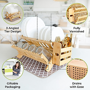 All-in-1 Bamboo Dish Drying Rack Set with Utensil Holder and Microfiber Drying Mat Large Collapsible 3 Tier Wooden Dish Drying Rack Bamboo Utensil Drying Rack and 15" Dish Drying Mat.