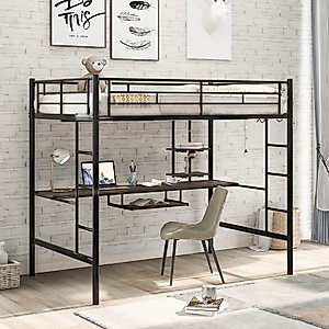 SOFTSEA Full Size High Loft Bed with Desk and Keyboard Metal Loft Bed for Kids