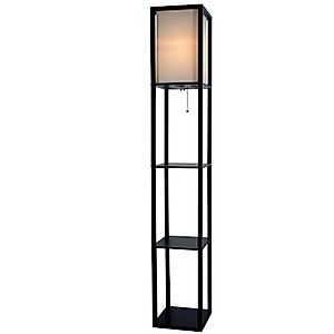 Floor Lamp with Shelves - Room Light by LIGHTACCENTS - Corner Storage Standing Bookshelf Lamp - Bedroom Light with Wooden Storage Shelves and White Cotton Linen Shade (Black)