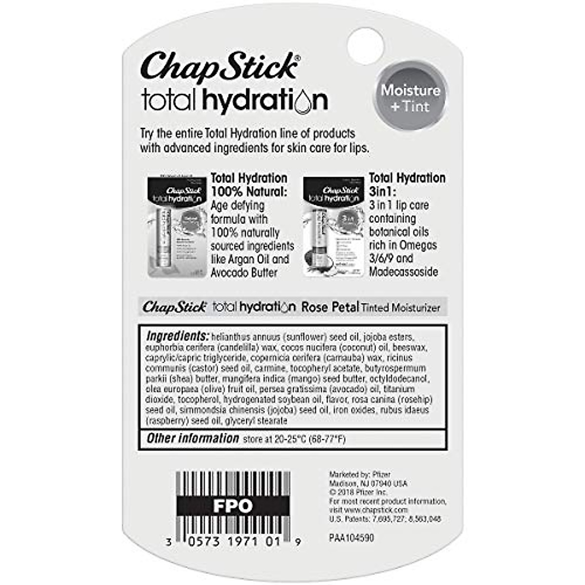 ChapStick Total Hydration Moisture + Tint Rose Petal Tinted Lip Balm Tube, Tinted Moisturizer - 0.12 Oz