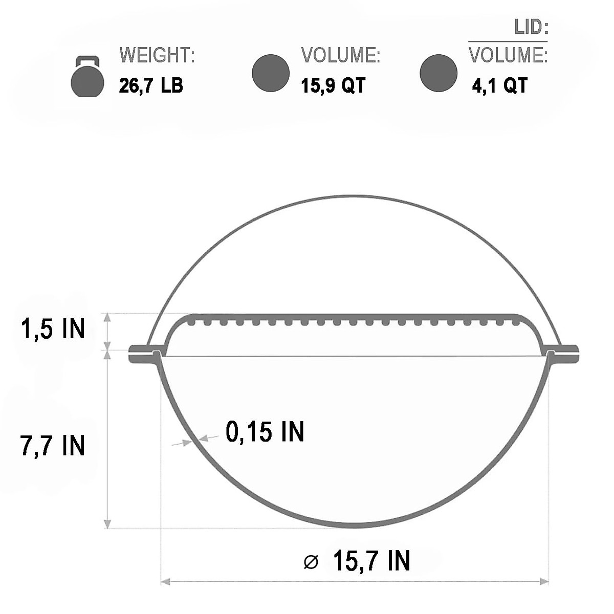 Cast Iron Dutch Oven Brizoll 15.85 Quarts (15L) - Premium Camping Cookware - Cast Iron Cookware Set - Camping Dutch Oven Pot with Lid - Asian Cauldron - Uzbek Kazan Cast Iron - Grill Frying Pan Lid
