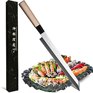 Waterboss,Japanese Yanagi Kiritsuke Sushi Sashimi Chef Knife Salmon Knife Slicer Razor Sharp Sashimi Watermelon Knives, 5Cr15mov Stainless Steel Sashimi Yanagiba Knife, Maple Handle, 10.6 inch (270mm)
