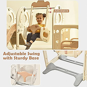 Tensun 5 in 1 Toddler Slide and Swing Set, Bus Playhouse Freestanding Slide Playset with Basketball Hoop for Indoor Outdoor Backyard Playground, Beige+Pink