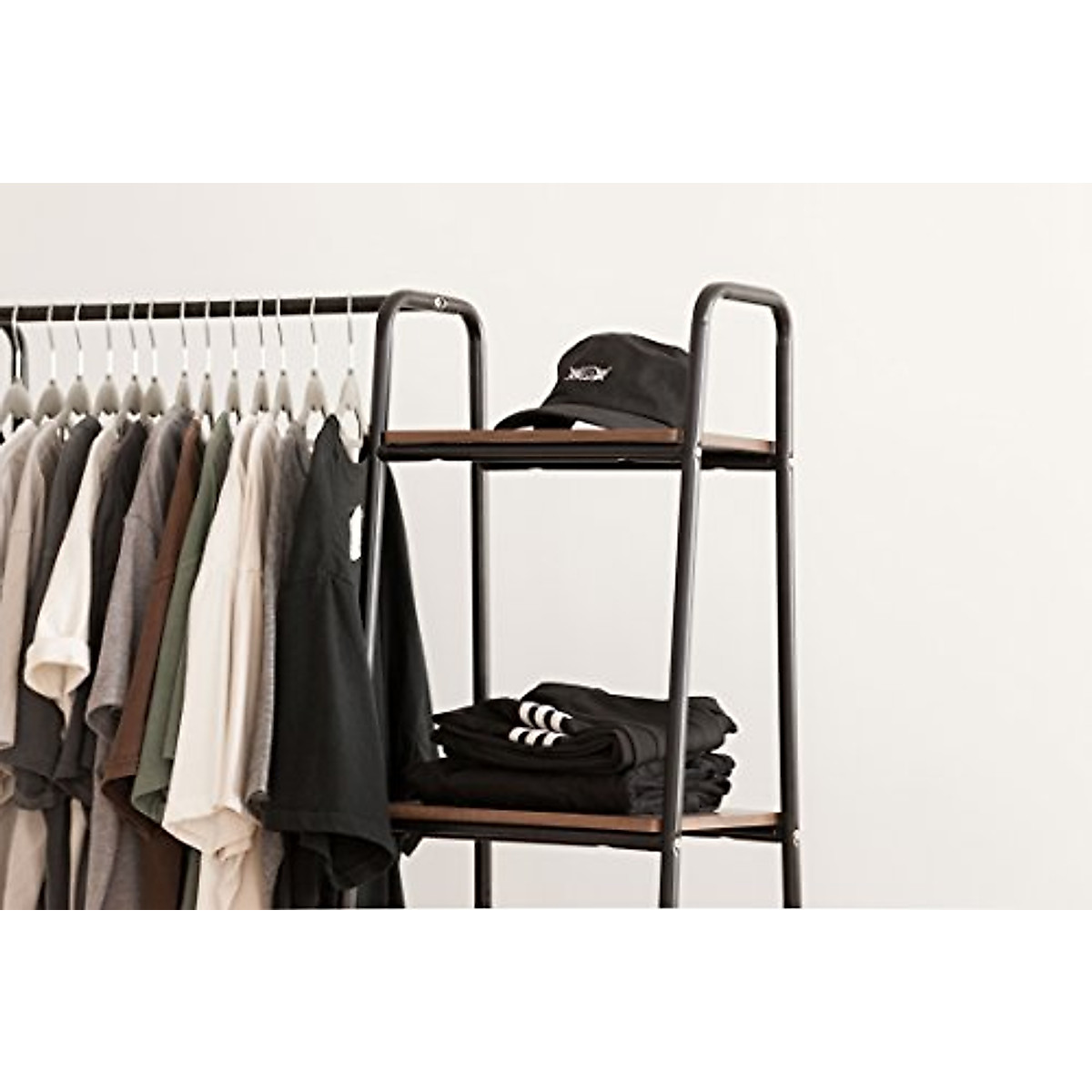 IRIS USA Metal Garment Rack with Wood Shelves Combo, Black/Dark Brown