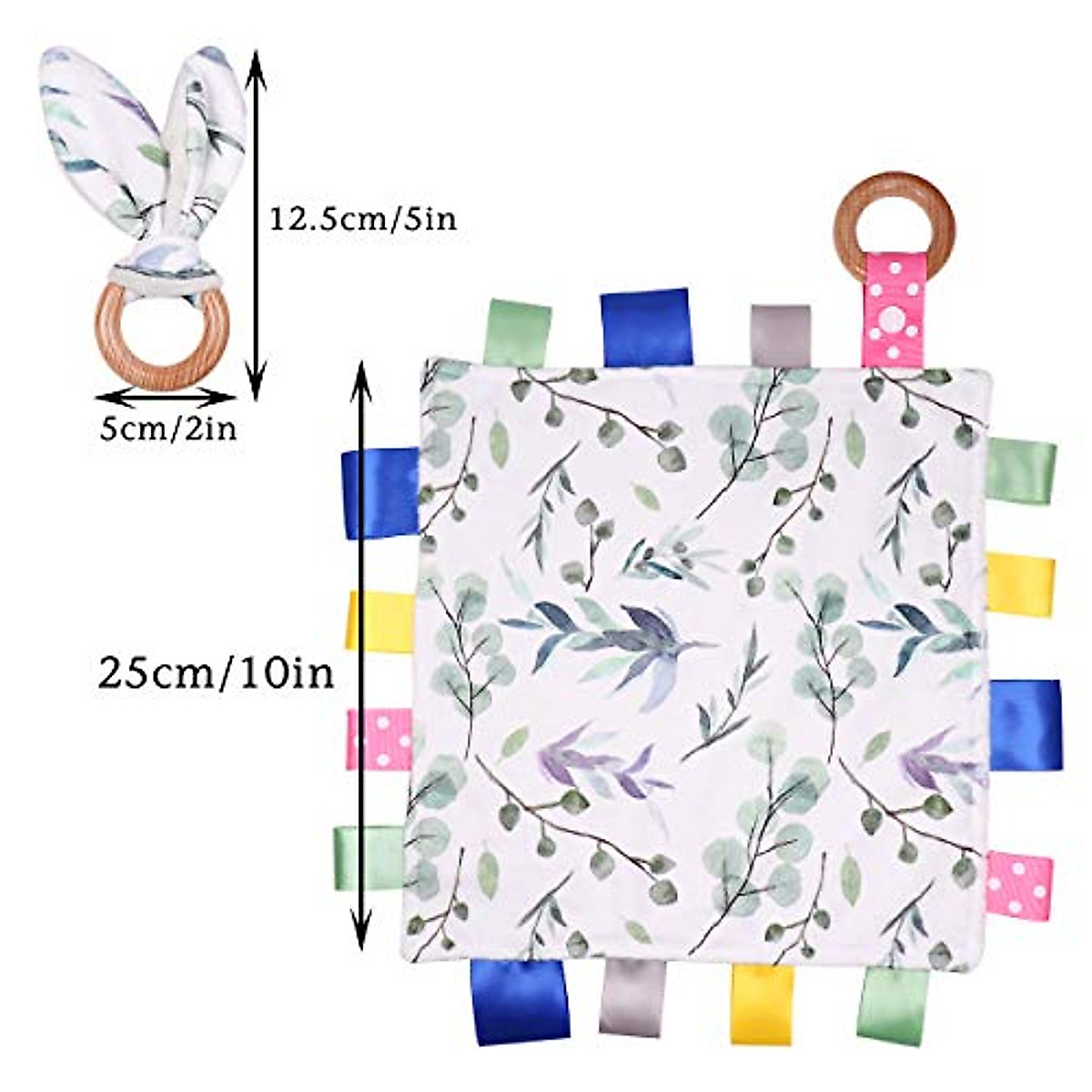 Baby Security Blanket with Tags Soft Ribbon Tag Blanket Comfort Lovey Taggy Blanket Cute Newborn Appease Towel with Bunny Ear Ring