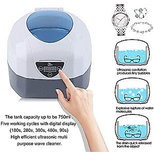 Ultrasonic Cleaner Low Noise Wash Machine for Cleaning Eyeglasses Jewelrys Watches Razors Dentures Combs Tools Instruments - 750 ml