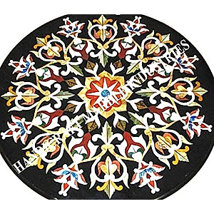 Black Marble Inlay Coffee Table Top, Pietra Dura Dining Table Top, Stone Inlaid Wall Decor, Centre Piece, Piece Of Conversation