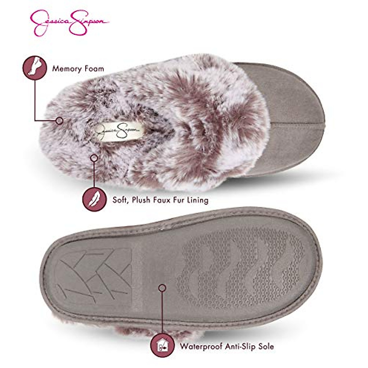 Jessica Simpson Women's Comfy Faux Fur House Slipper Scuff Memory Foam Slip on Anti-Skid Sole, Grey, Small