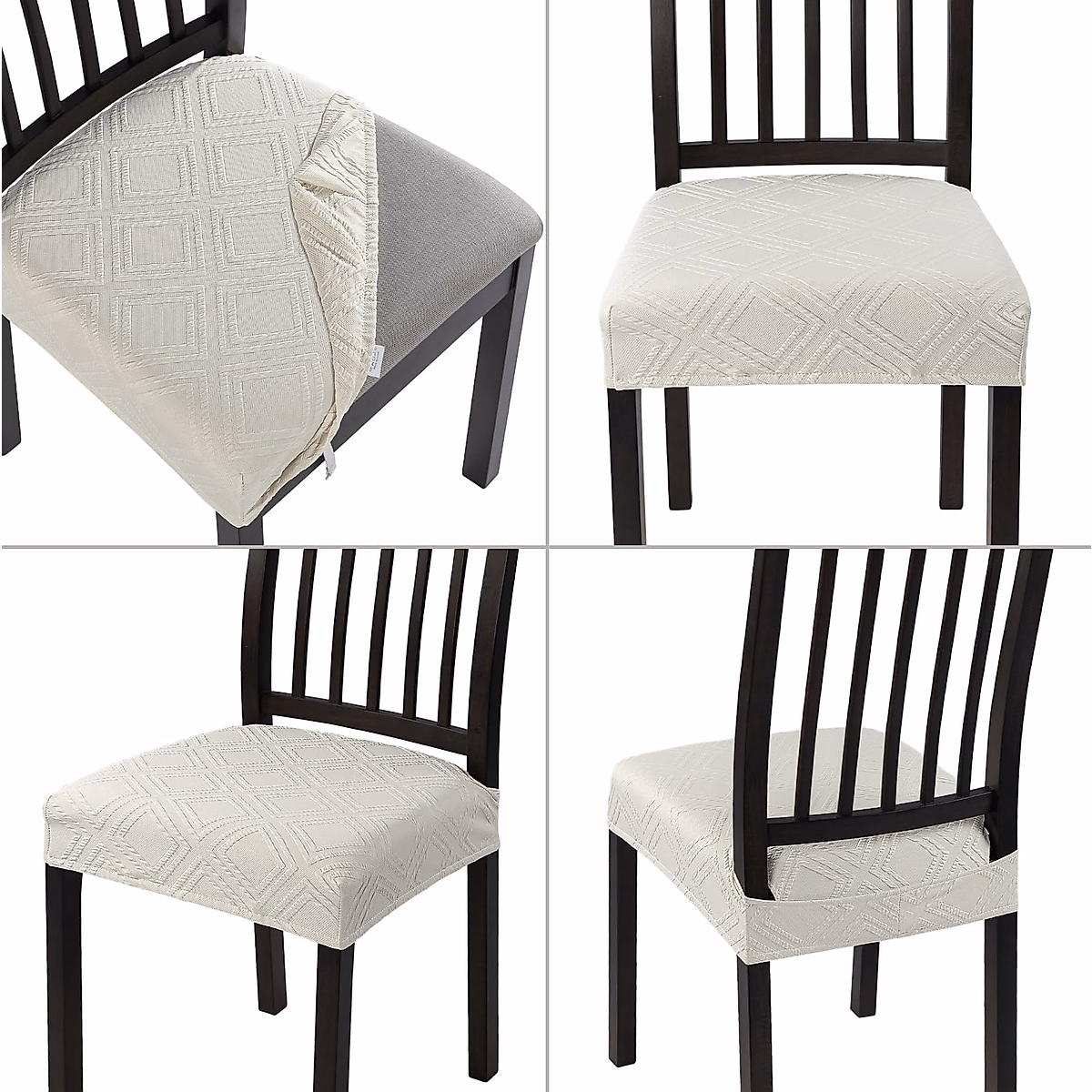 SearchI Waterproof Dining Chair Seat Covers Set of 4, Washable Stretch Seat Covers for Dining Chairs, Rear-Covered Dining Room Seat Cover Protector(Cream Rhombus Jacquard)