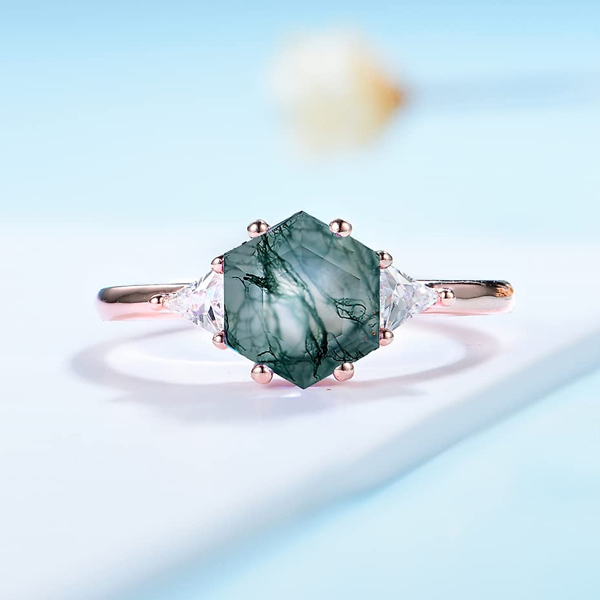 ITI KUOLOLIT 1.5ct Natural Moss Agate Ring Sterling Silver Hexagon Shaped Engagement Ring Unique Aquatic Green Agate Promise Wedding Rings for Women (Rose Gold Plated Silver, 5)
