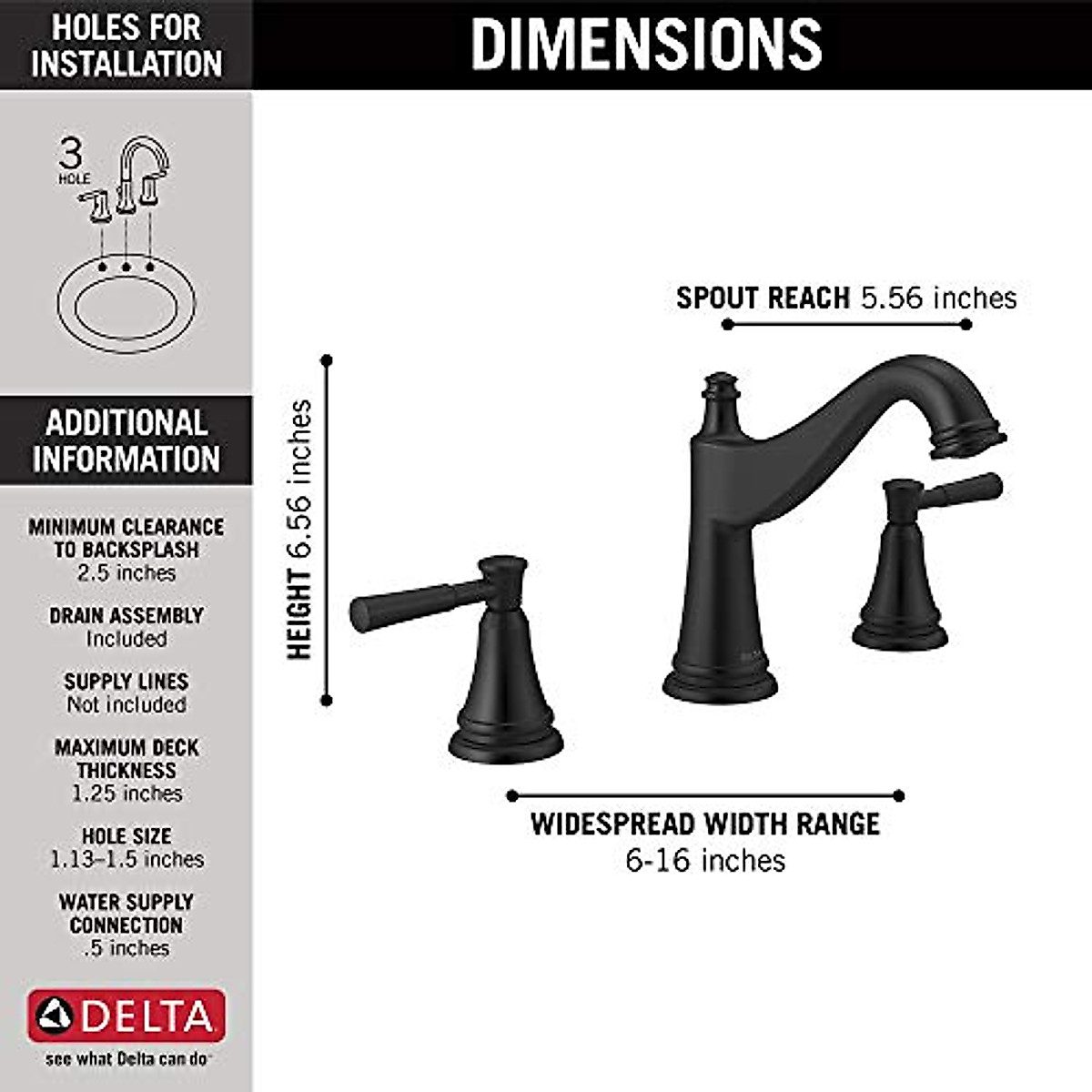 Delta Faucet Mylan Widespread Bathroom Faucet 3 Hole, Matte Black Bathroom Faucet, Bathroom Sink Faucet, Drain Assembly, Matte Black 35777LF-BL