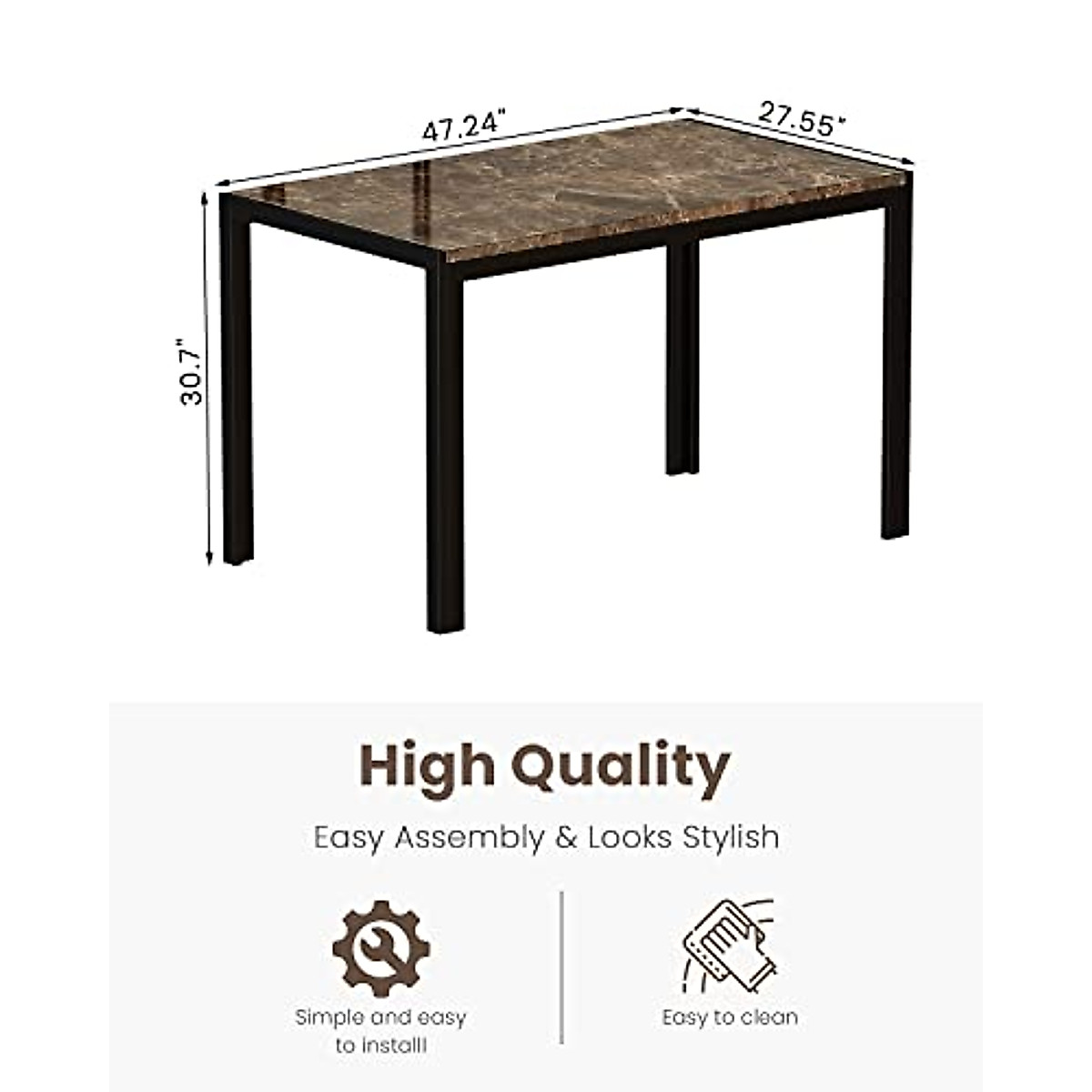 Recaceik Modern Dining Table for Kitchen, Faux Marble Kitchen Tables with Metal Legs for 4 People, Industrial Dining Room Table for Living Room and Office, Easy Assembly, Brown