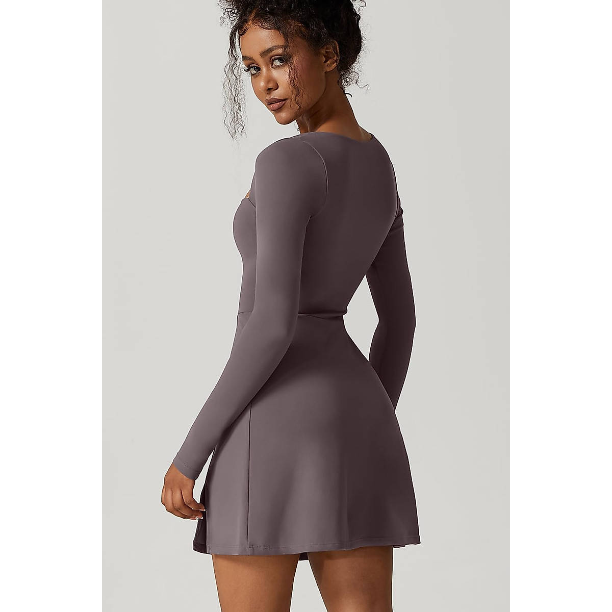 QINSEN Women's Long Sleeve Fall Winter Dress Square Neck High Waist Mini Dress Tea Leaf S